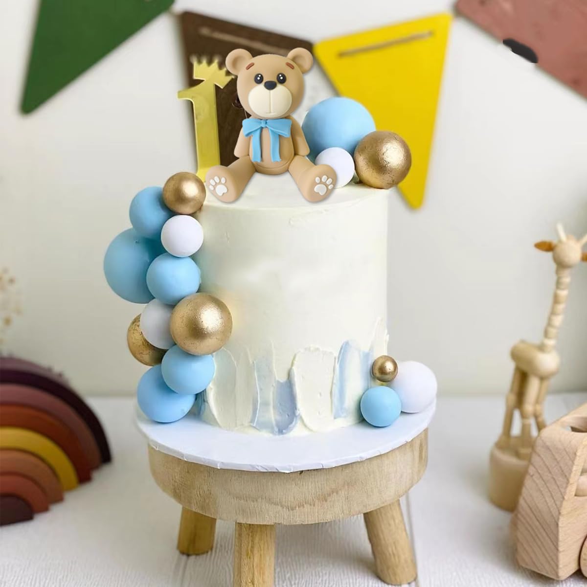 Bear Cake Toppers Bear Balls Cake Decorations with Stars Clouds Cake Toppers for Boy Girl Baby Shower Birthday Party Decorations (Blue Bear Set)