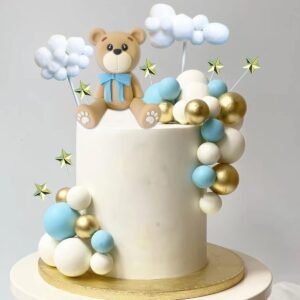 Bear Cake Toppers Bear Balls Cake Decorations with Stars Clouds Cake Toppers for Boy Girl Baby Shower Birthday Party Decorations (Blue Bear Set)