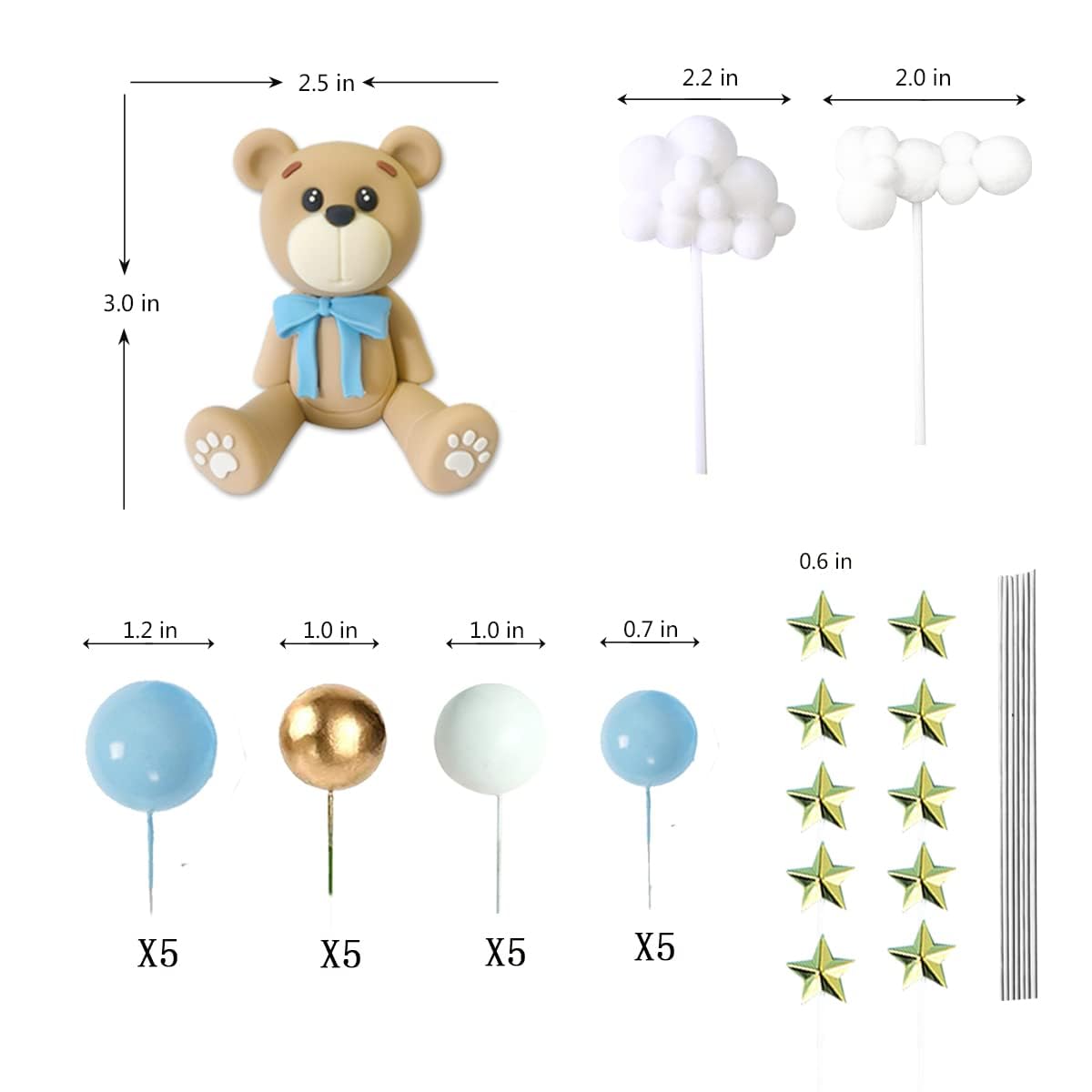 Bear Cake Toppers Bear Balls Cake Decorations with Stars Clouds Cake Toppers for Boy Girl Baby Shower Birthday Party Decorations (Blue Bear Set)