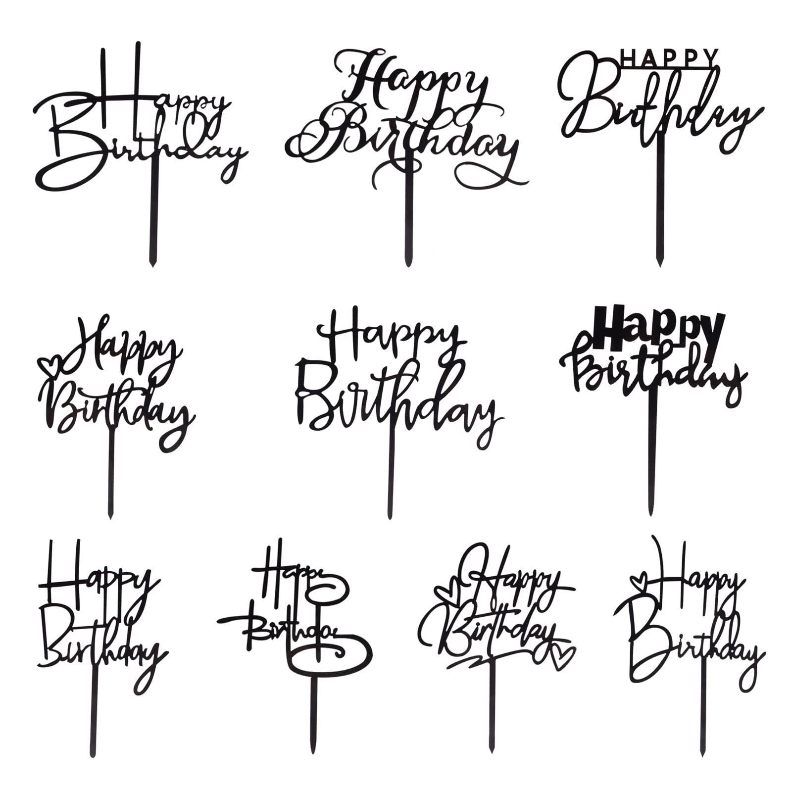 10-Pack Happy Birthday Cake Toppers,Acrylic Cake Toppers/Cupcake Toppers for Birthday Cake Supplies Decorations（Black）…