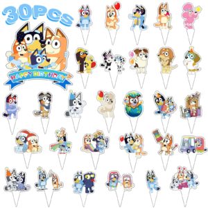 30PCS Blue Dog Cake Cupcake Topper Decorations Cartoon Dog Happy Birthday Party Supplies for Kids Party Favors