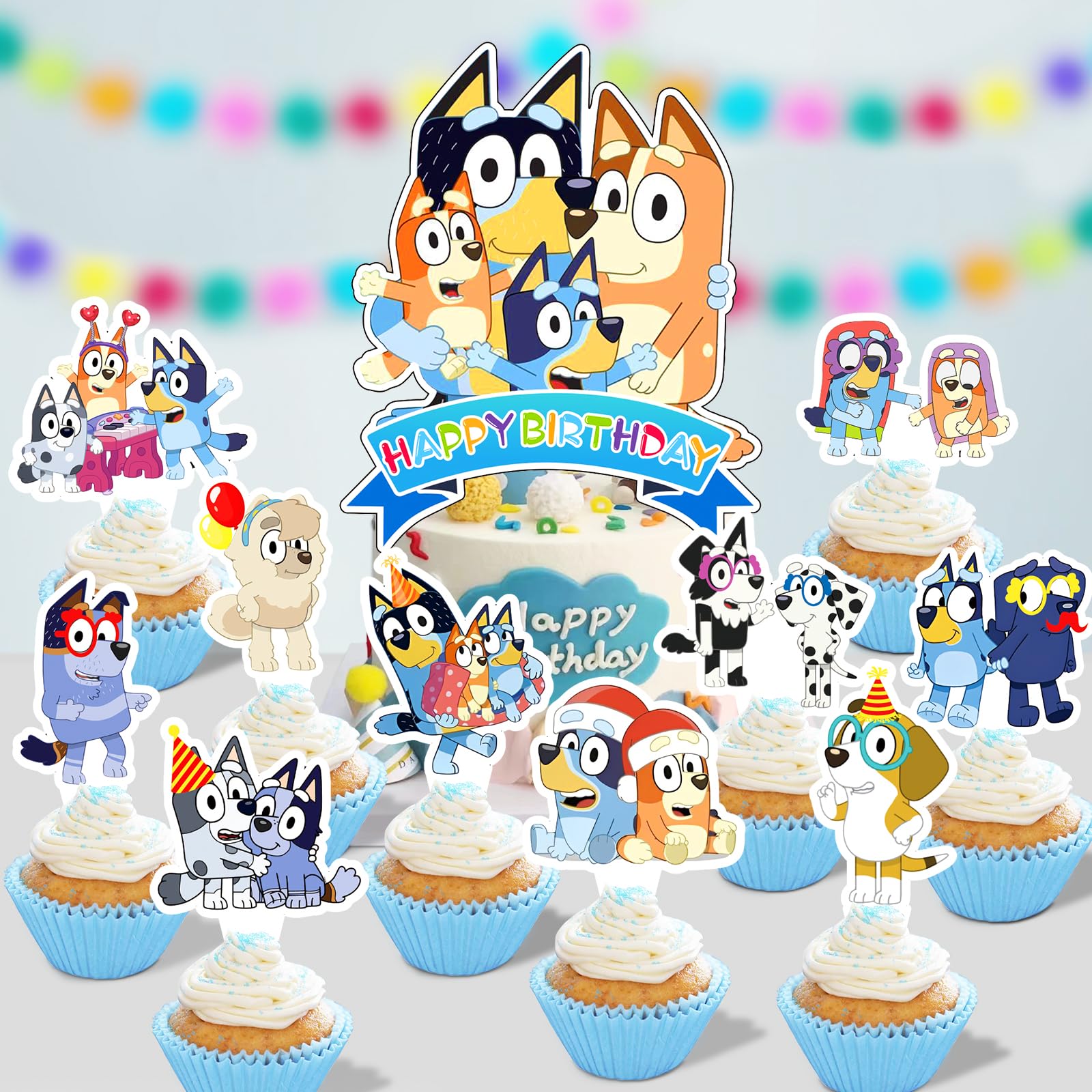 30PCS Blue Dog Cake Cupcake Topper Decorations Cartoon Dog Happy Birthday Party Supplies for Kids Party Favors