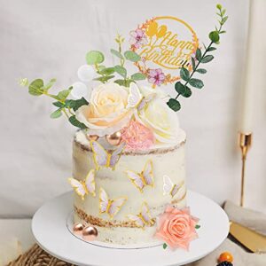 28pcs flower cake topper 3d butterfly acrylic happy birthday cake toppers artificial carnation rose flowers eucalyptus leaves cake decorations for birthday party wedding baby shower supplies