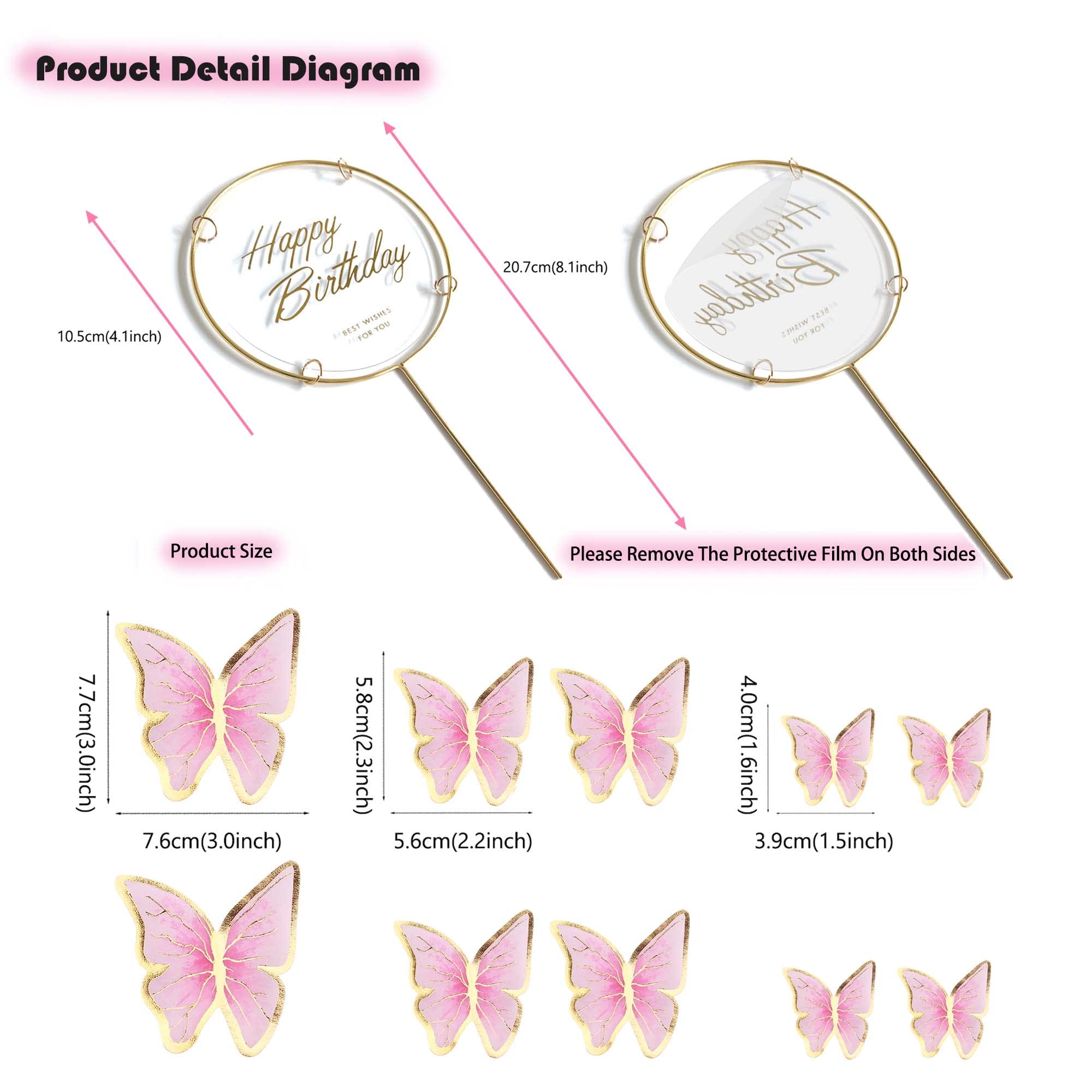 11-Pieces Pink Gold Butterfly Cake Toppers Happy Birthday Metal Gold Happy Birthday Cake Topper Butterfly Birthday Cake Decorations Cake Butterfly Party Decorations