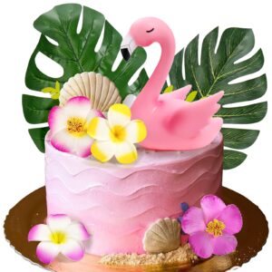 mity rain 7pcs flamingo cake toppers, flamingo palm leaves hibiscus flowers hawaiian luau cake decorations for tropical theme birthday party supplies