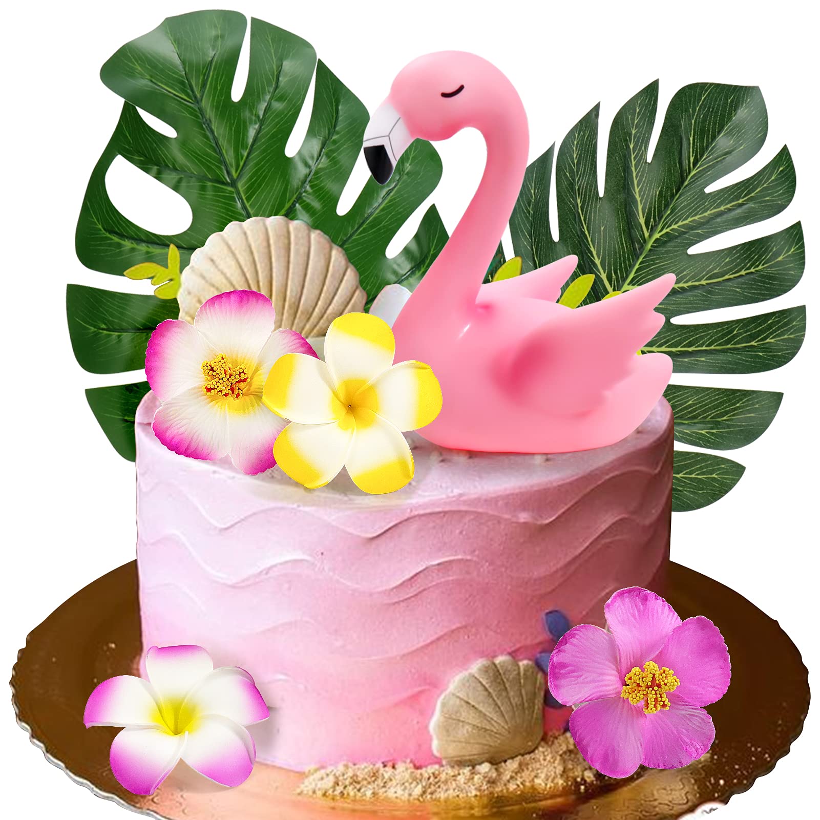 Mity rain 7pcs Flamingo Cake Toppers, Flamingo Palm Leaves Hibiscus Flowers Hawaiian Luau Cake Decorations for Tropical Theme Birthday Party Supplies