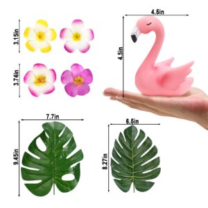 Mity rain 7pcs Flamingo Cake Toppers, Flamingo Palm Leaves Hibiscus Flowers Hawaiian Luau Cake Decorations for Tropical Theme Birthday Party Supplies