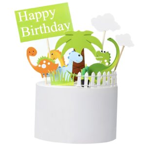 dinosaur cake toppers for boys and girls, dinosaur cupcake toppers happy birthday for kids 1 2 3 4 5 6 7 8 year olds, birthday cake decorations cards party supplies with clouds and tree