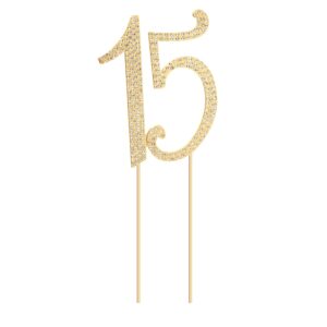 honbay 15 birthday cake topper sparkly bling alloy crystal rhinestones cake topper cake decoration for 15th birthday or anniversary party (gold)