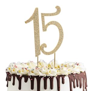 Honbay 15 Birthday Cake Topper Sparkly Bling Alloy Crystal Rhinestones Cake Topper Cake Decoration for 15th Birthday or Anniversary Party (Gold)