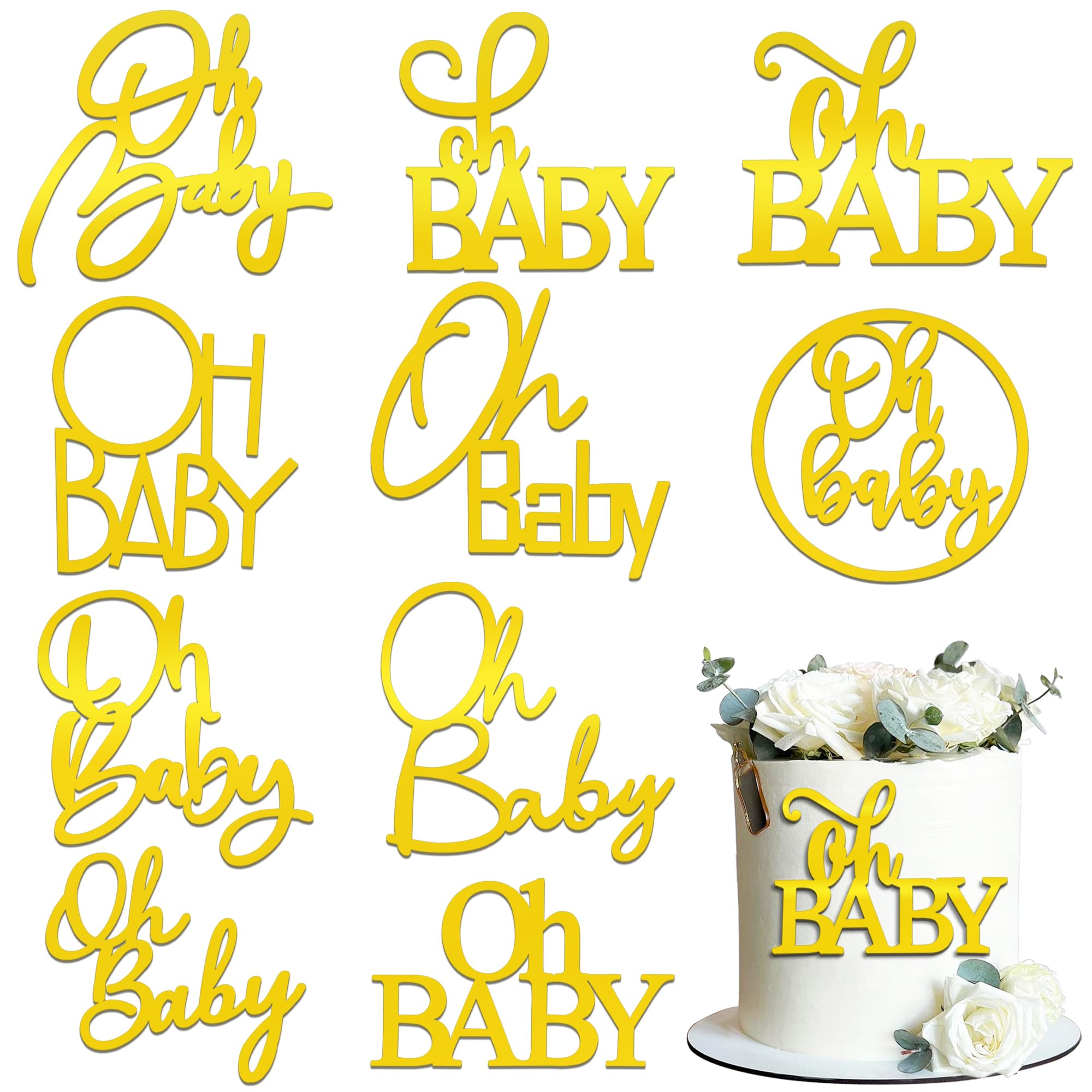 10 PCS Gold Oh Baby Cake Topper Mirror Acrylic Cake Topper Side Cake Decorations Gold Cake Inserts Cake Decorating Supplies Cupcake Toppers for Oh Baby Gender Reveal Baby Birthday Party Decorations