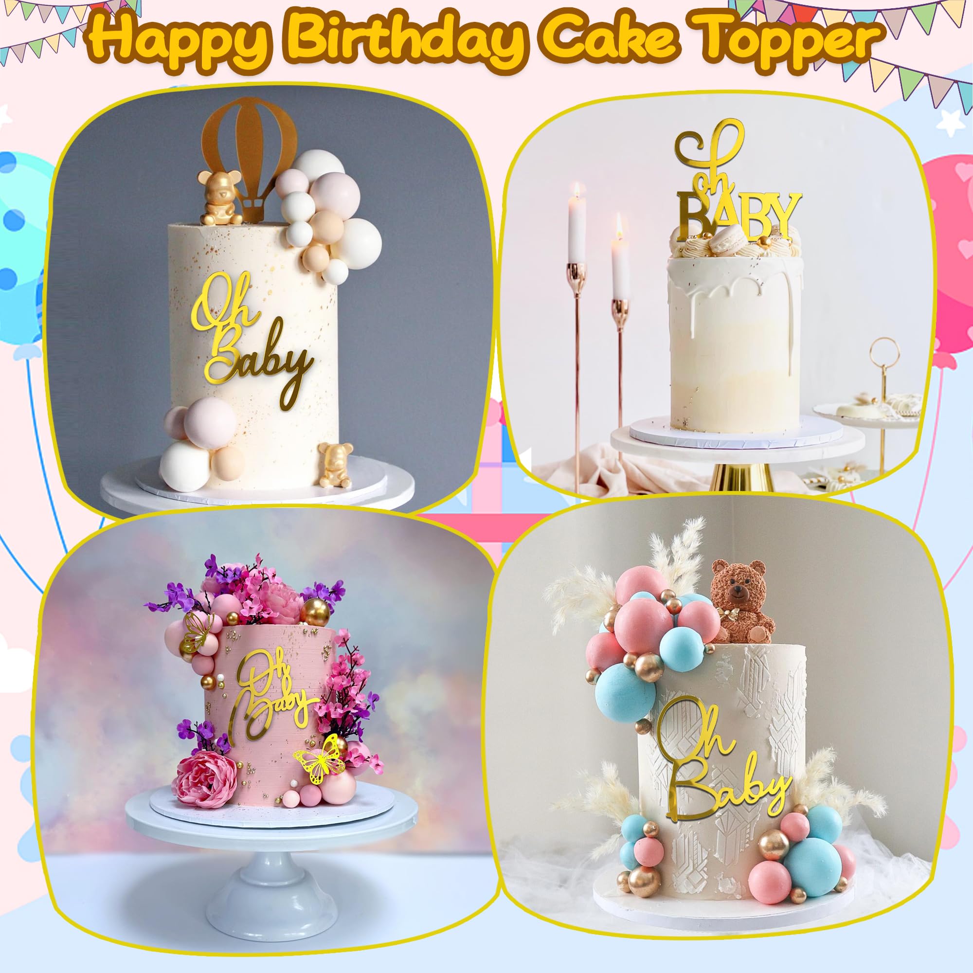 10 PCS Gold Oh Baby Cake Topper Mirror Acrylic Cake Topper Side Cake Decorations Gold Cake Inserts Cake Decorating Supplies Cupcake Toppers for Oh Baby Gender Reveal Baby Birthday Party Decorations