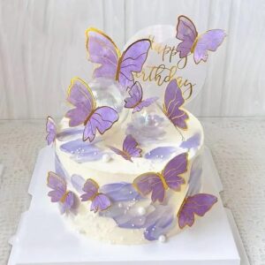 purple butterfly cake toppers, 11pcs butterfly cupcake toppers happy birthday metal gold happy birthday cake topper for girls women's birthday cake party decorations