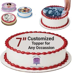 7” circles eatable custom print cake topper - create logo sticker personalized images pictures for theme party events occassion - 1 per sheet, gluten soy, trans fat free, no known allergens