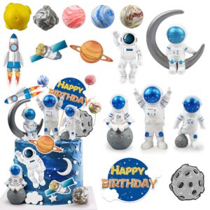 astronaut figurines space cake toppers astronaut planet rocket satellite and star space diy cake toppers for space theme party birthday party baby shower supplies (blue)