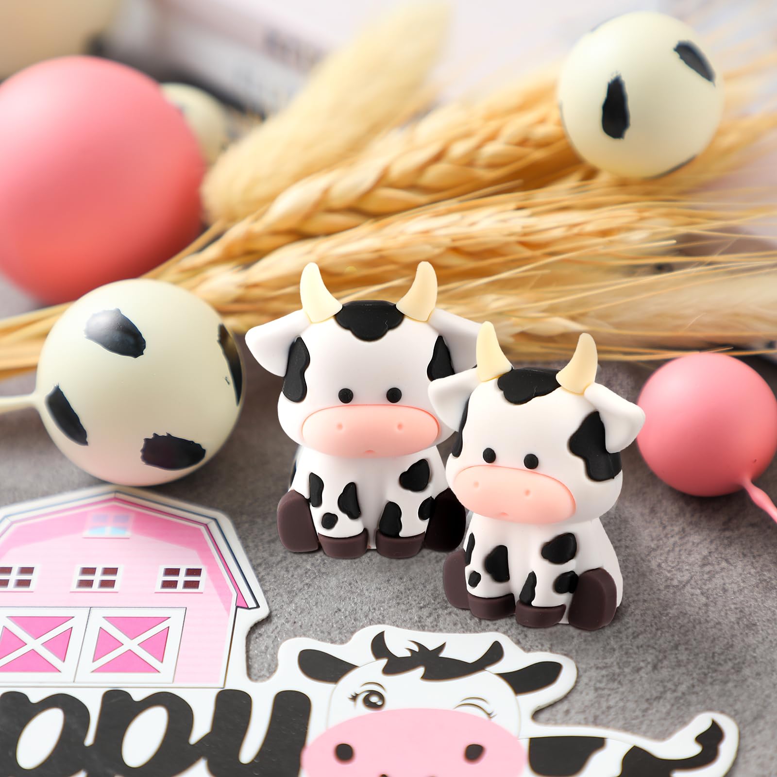 Pinkunn 23 Pcs Cow Cake Topper Farm Cake Decor Cow Cake Decorations with Cow Miniature Figurines Animal Birthday Party for Cow Theme Baby Shower Boys Girls Birthday Party Cake Decorations Supplies