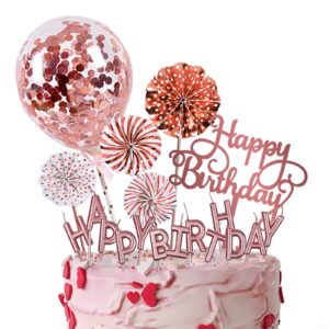 iealods cake topper decoration with happy birthday candles, acrylic, confetti balloon and paper fans for rose gold theme birthday party décor