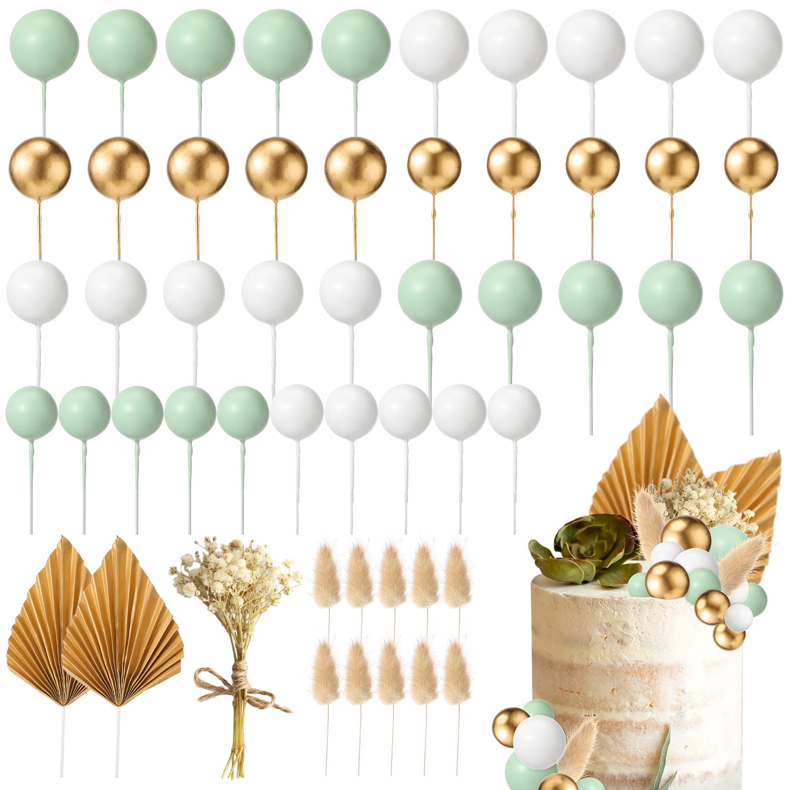 53 Pcs Boho Cake Topper Mini Balls Cake Toppers Foam Balloon Cake Toppers Palm Leaves Artificial Dried Flower Cake Toppers for Baby Shower Birthday Wedding Cake Decoration (Gold)