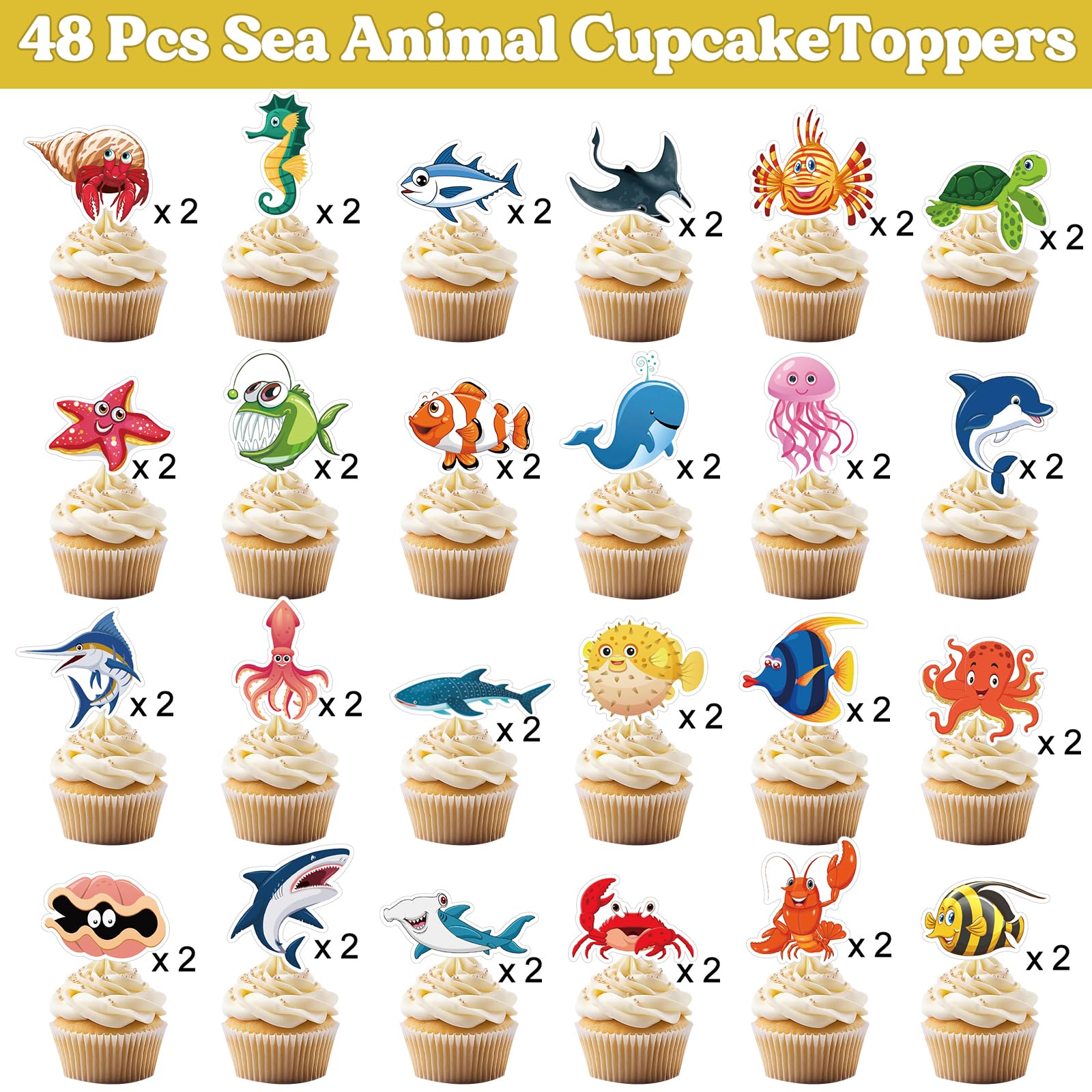 Plorbach 48 Pcs Ocean Animal Cupcake Toppers Under The Sea Creature Cake Decorations Marine Sea Fish Cake Topper Picks For Ocean Sea Theme Birthday Party Supplies Baby Shower Decorations