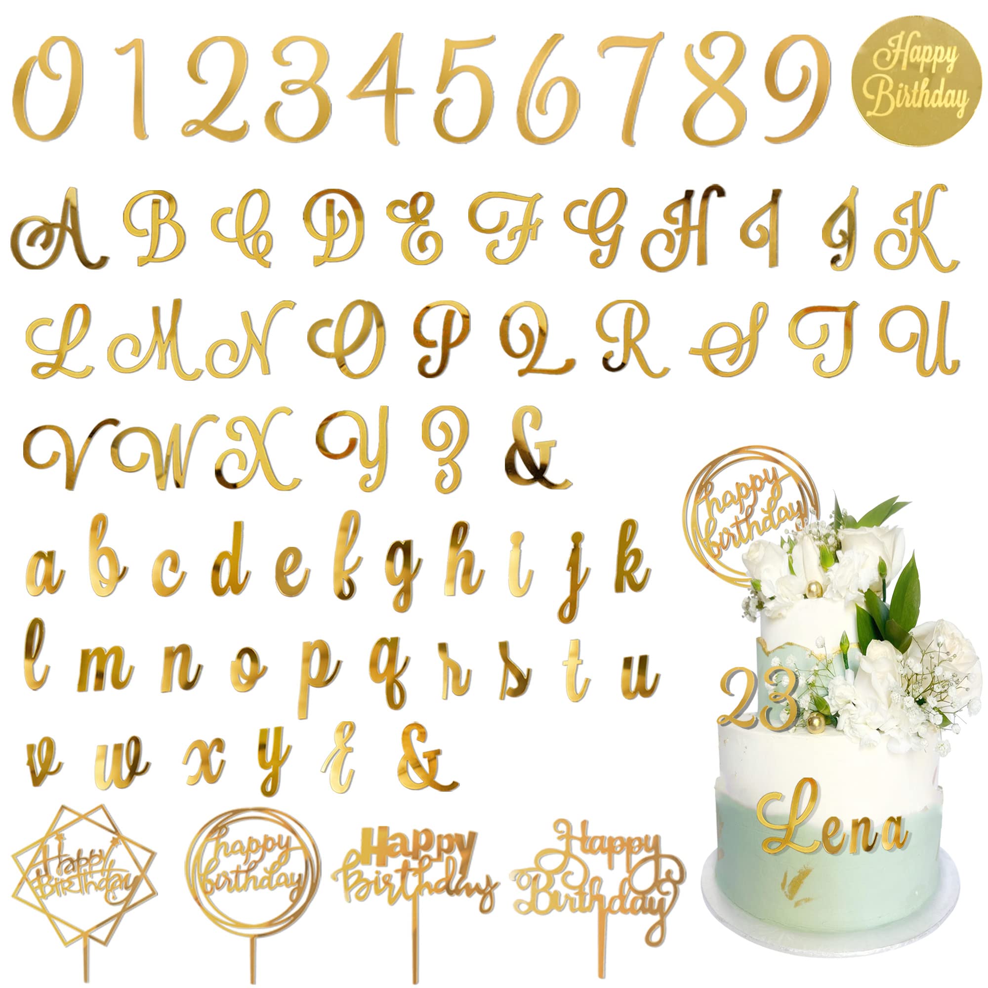 Acrylic Alphabet Number Cake Topper DIY Personalized Name Cupcake Toppers with A-Z Letter 0-9 Number Happy Birthday Sets for Custom Wedding Cake Decorations Baby Shower Party Supplies (Style1 Gold)