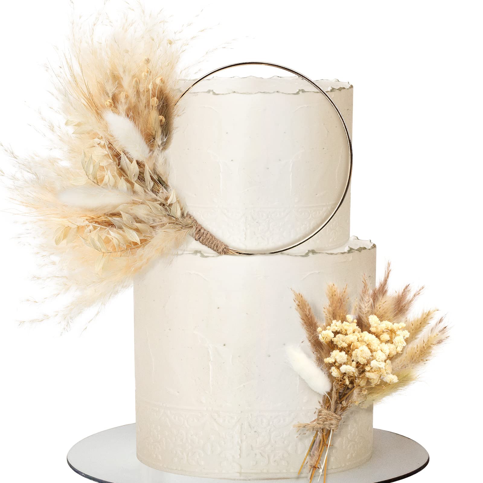 Sinmoe 2 Pcs Boho Cake Topper Decorations Pampas Grass Dried Flower Cake Topper Wreath Hoop Various Dried Pampas Grass Cake Decor for Bohemian Wedding Bridal Birthday Party Supplies (Elegant Style)