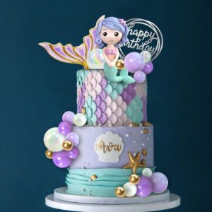 mermaid cake toppers under the sea mermaid tail cake decorations gold purple pearl ball for girl kid birthday party mermaid theme party baby shower supplies (style 2)