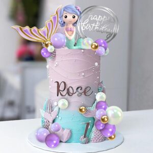 Mermaid Cake Toppers Under the Sea Mermaid Tail Cake Decorations Gold Purple Pearl Ball for Girl Kid Birthday Party Mermaid Theme Party Baby Shower Supplies (Style 2)