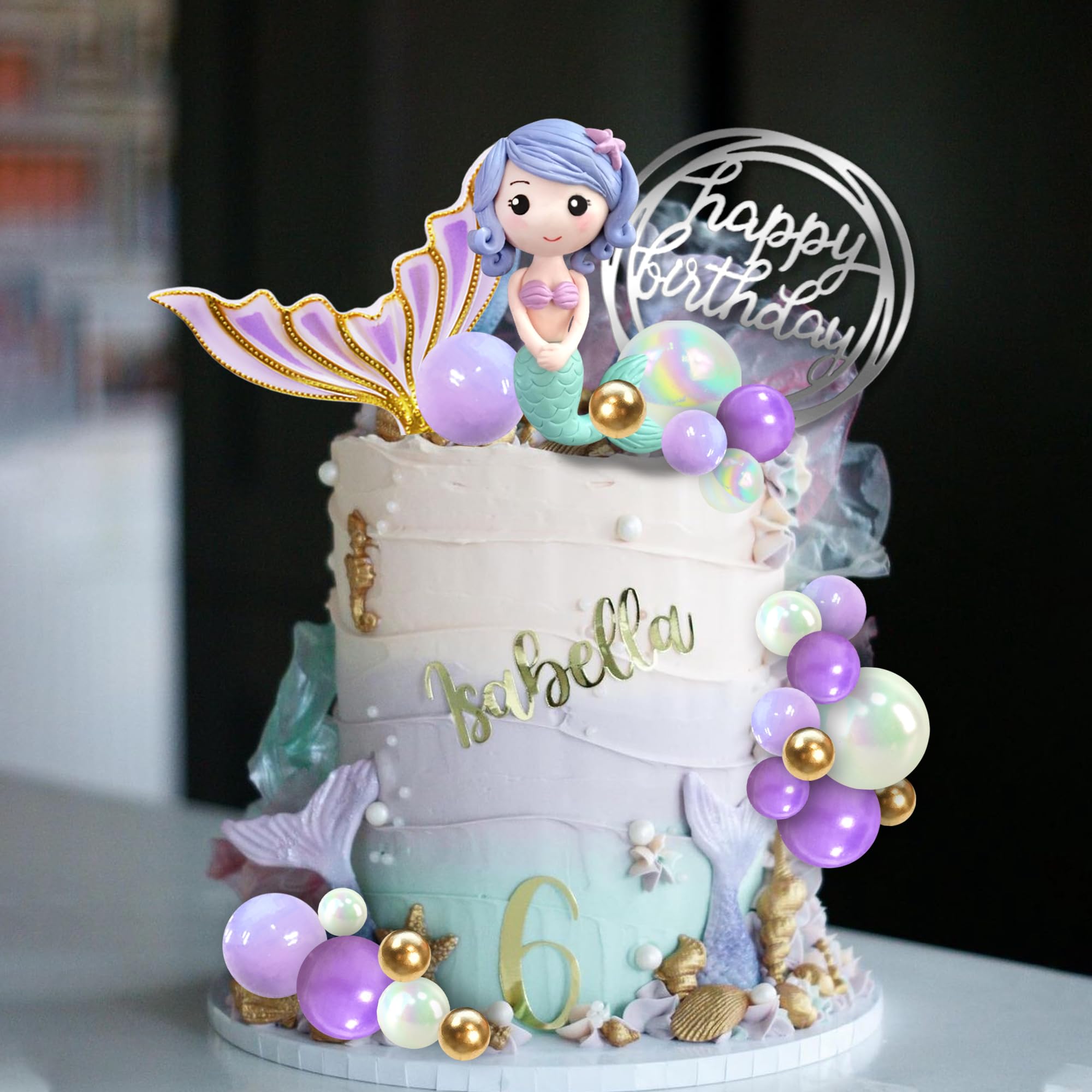 Mermaid Cake Toppers Under the Sea Mermaid Tail Cake Decorations Gold Purple Pearl Ball for Girl Kid Birthday Party Mermaid Theme Party Baby Shower Supplies (Style 2)