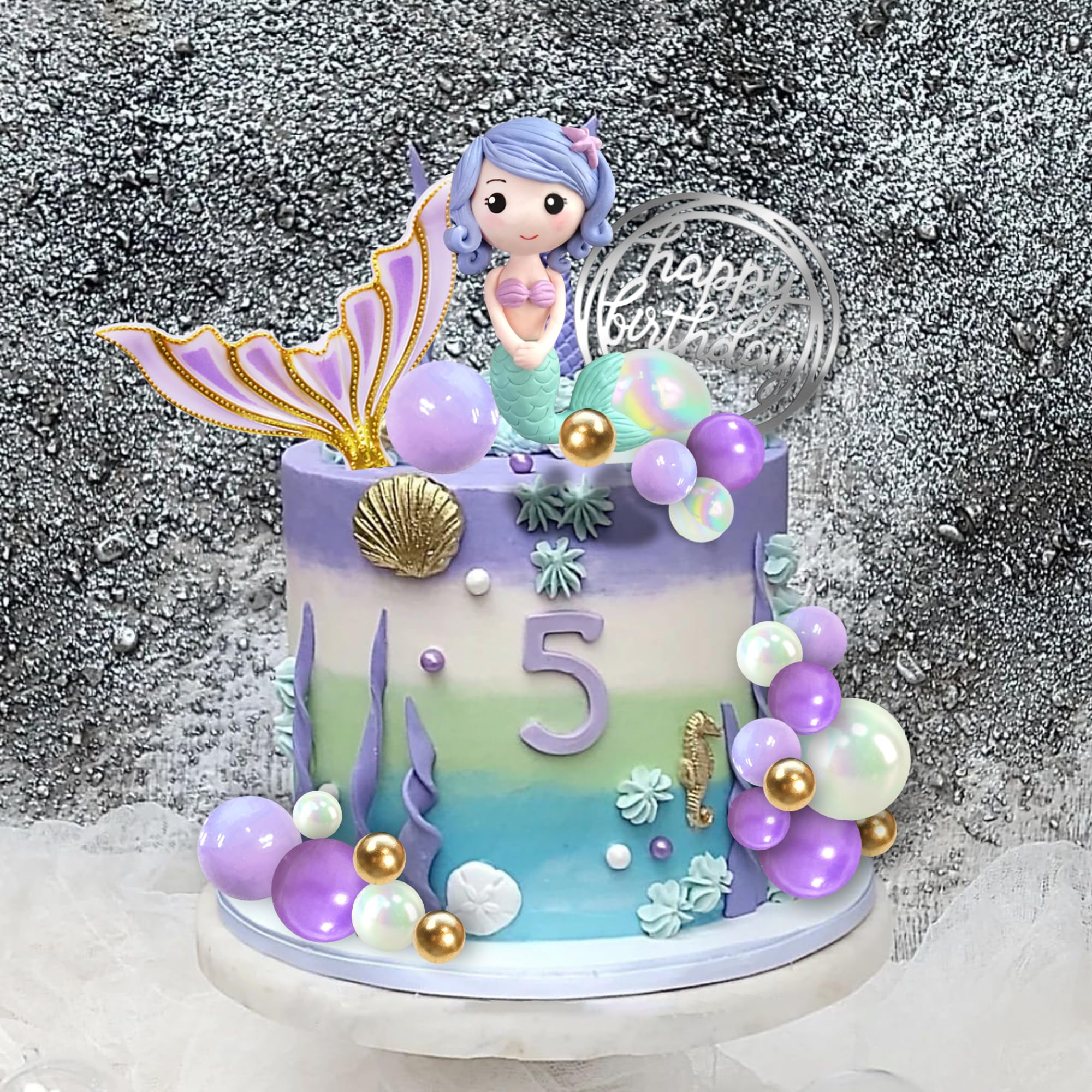 Mermaid Cake Toppers Under the Sea Mermaid Tail Cake Decorations Gold Purple Pearl Ball for Girl Kid Birthday Party Mermaid Theme Party Baby Shower Supplies (Style 2)