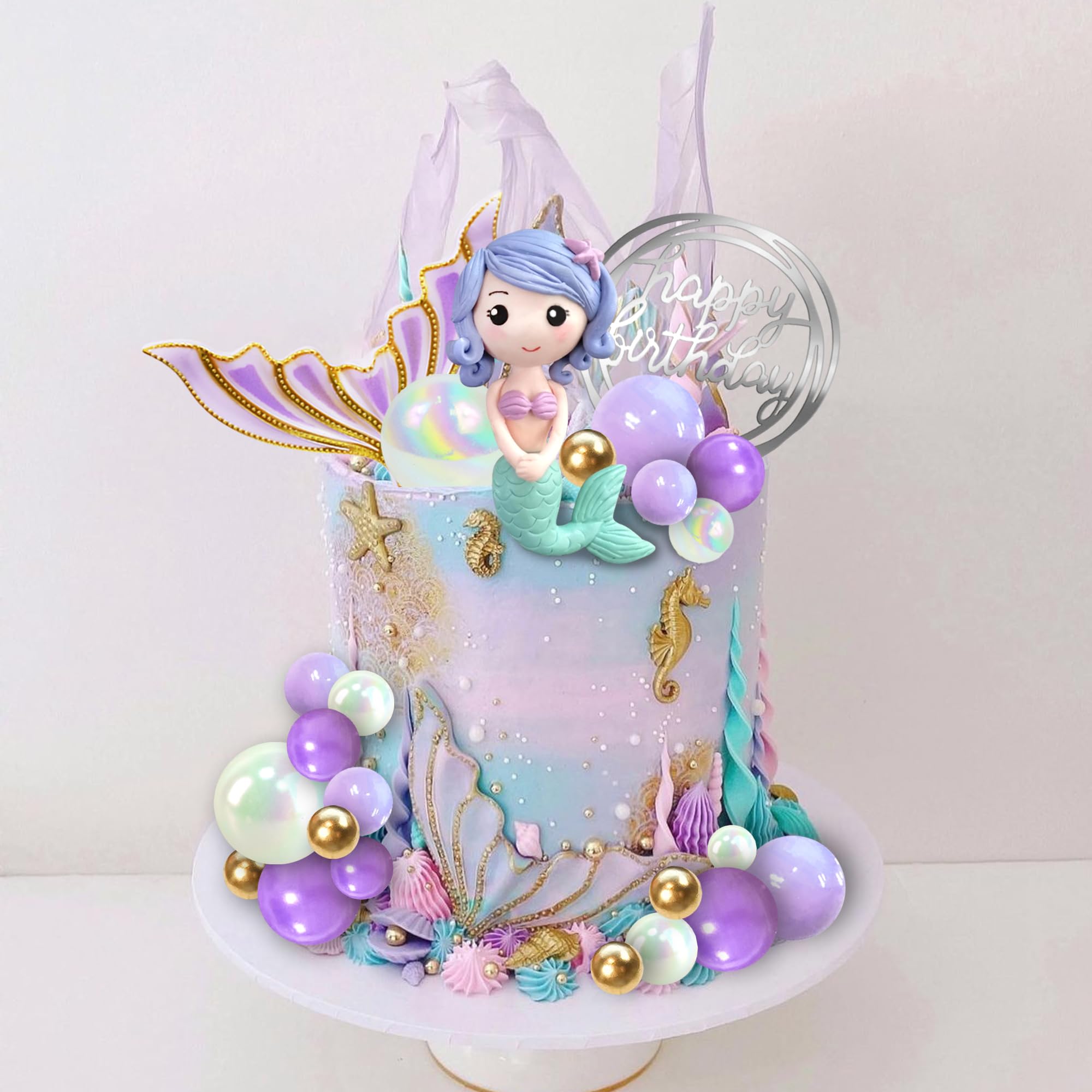 Mermaid Cake Toppers Under the Sea Mermaid Tail Cake Decorations Gold Purple Pearl Ball for Girl Kid Birthday Party Mermaid Theme Party Baby Shower Supplies (Style 2)