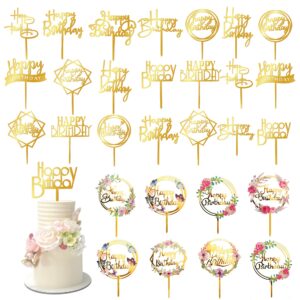 32 pcs gold happy birthday cake toppers flower acrylic gold birthday cake topper cake pick decorations for birthday party cake desserts pastries (gold)