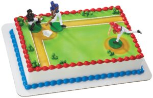 decoset® batter up 3 piece decorations set, cake and cupcake toppers for baseball themed birthdays, celebrations, and parties, food safe, re-usable, red, blue