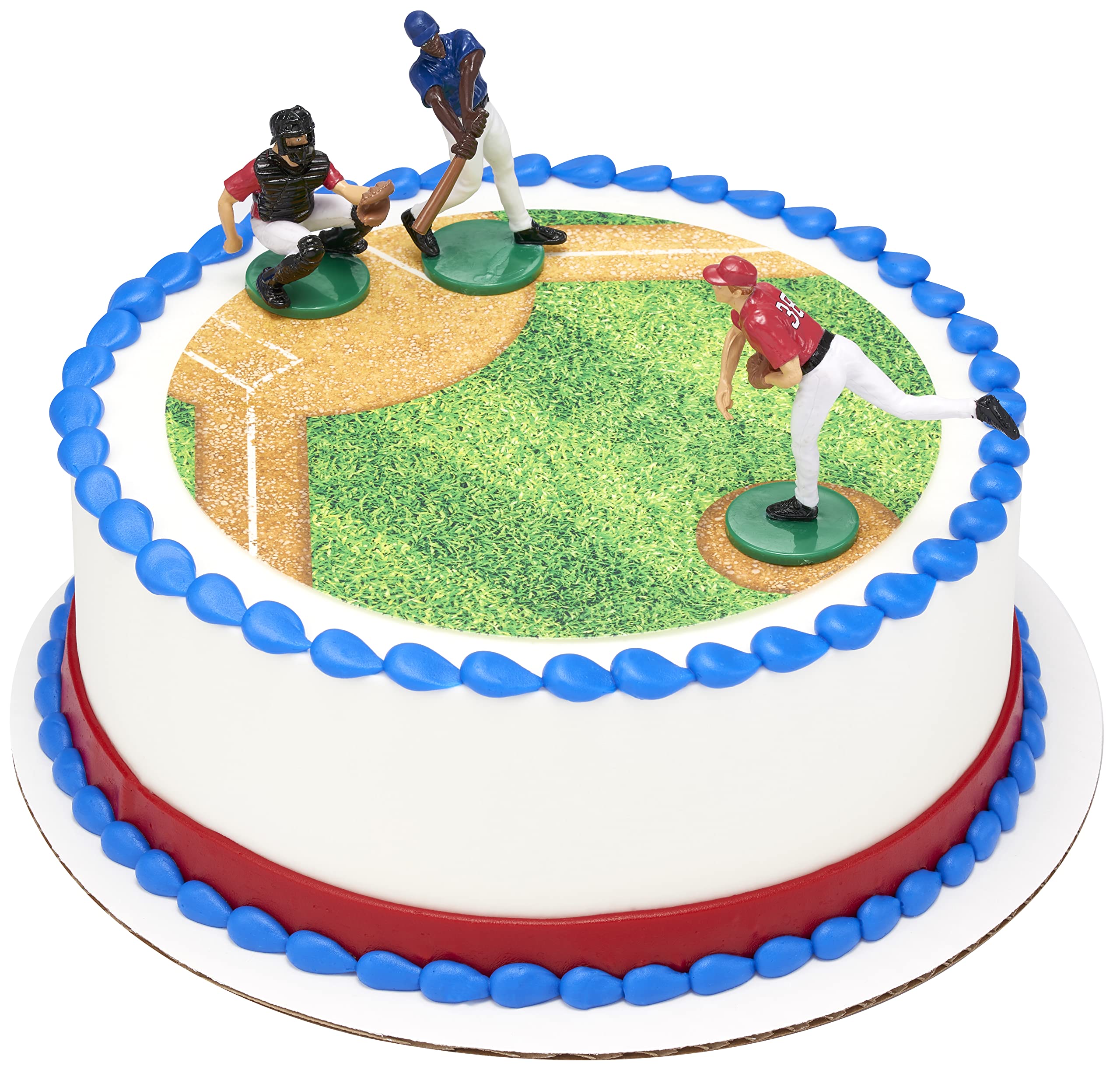 DecoSet® Batter Up 3 Piece Decorations Set, Cake and Cupcake Toppers for Baseball Themed Birthdays, Celebrations, and Parties, Food Safe, Re-usable, Red, Blue