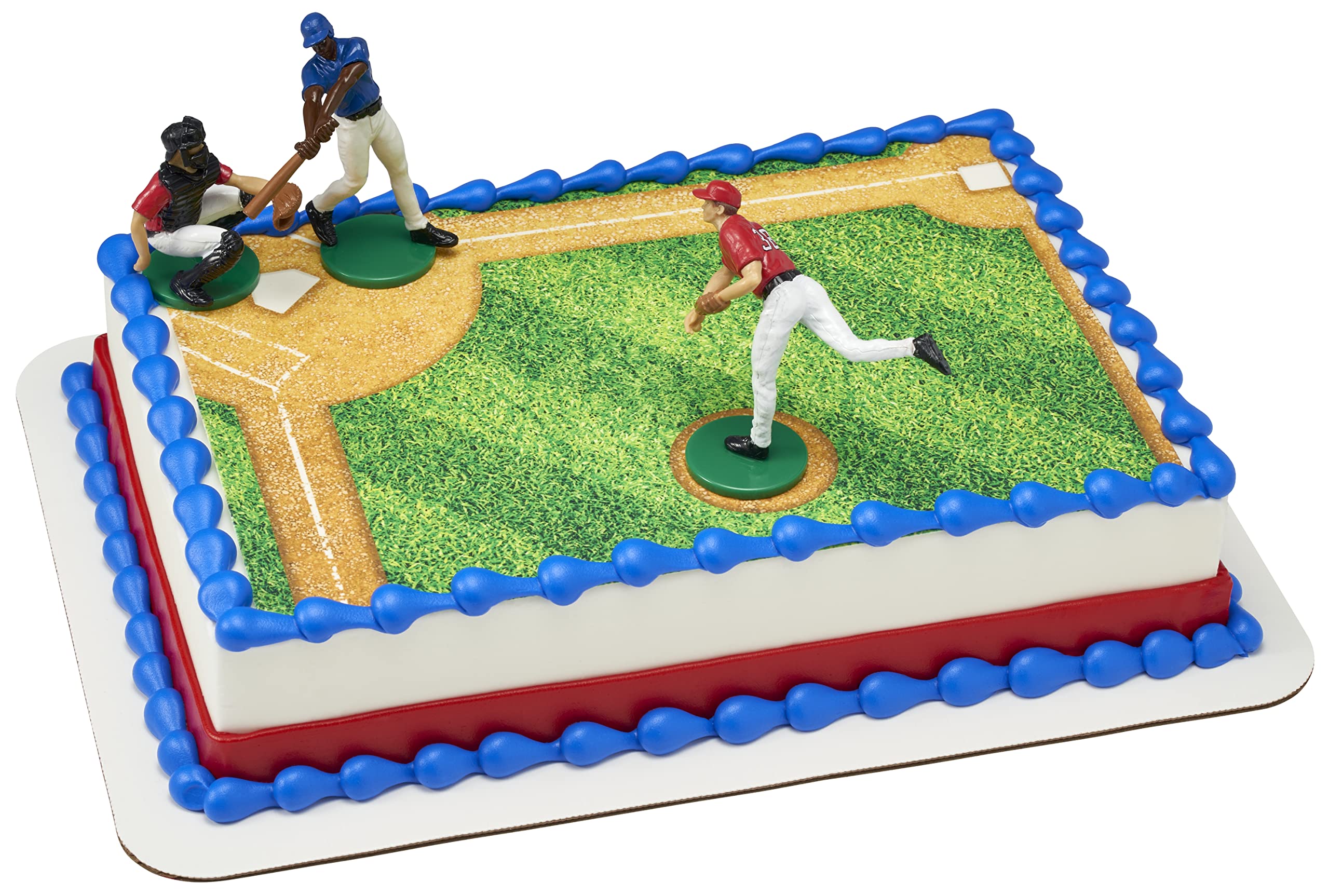 DecoSet® Batter Up 3 Piece Decorations Set, Cake and Cupcake Toppers for Baseball Themed Birthdays, Celebrations, and Parties, Food Safe, Re-usable, Red, Blue