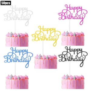 50 pack happy birthday cake toppers, glitter birthday cake topper cupcake topper cake decorations supplies for children or adults, 5 colors