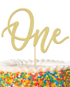 myamped first birthday cake topper - glitter gold one sign 1st birthday cake decorating supplies, suitable for baby shower favors, baby gender reveal, baby birthday party or baby photo booth props