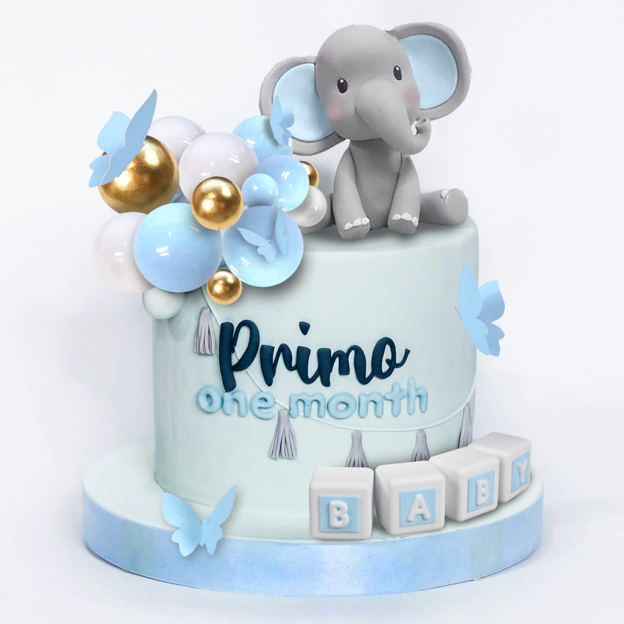 Elephant Cake Decoration Mini Elephant Cake Topper Blue BABY Letter Cake Toppers Gold Blue White Pearl Ball for Baby Shower Boy Elephant Theme Birthday Party Supplies (BLUE)