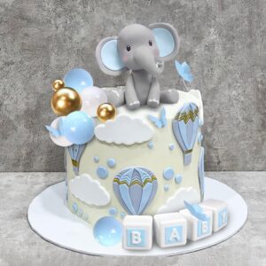 Elephant Cake Decoration Mini Elephant Cake Topper Blue BABY Letter Cake Toppers Gold Blue White Pearl Ball for Baby Shower Boy Elephant Theme Birthday Party Supplies (BLUE)