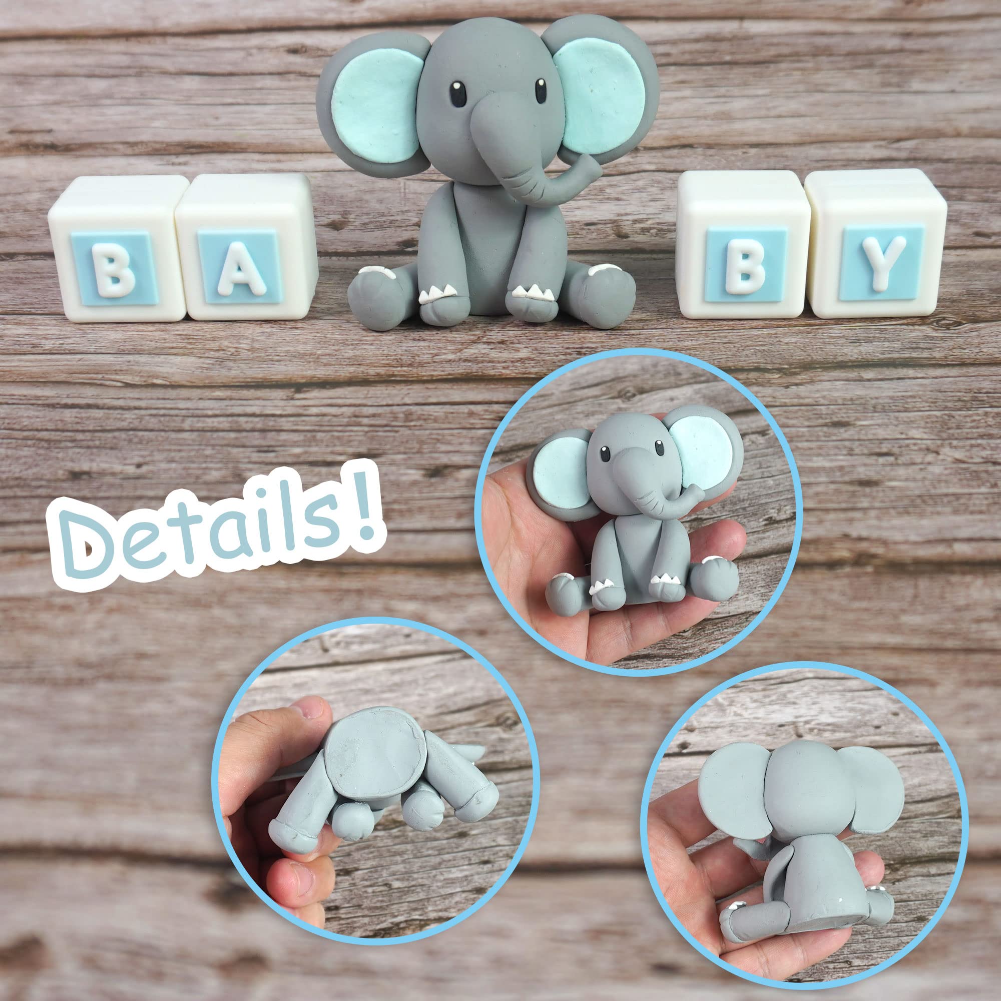 Elephant Cake Decoration Mini Elephant Cake Topper Blue BABY Letter Cake Toppers Gold Blue White Pearl Ball for Baby Shower Boy Elephant Theme Birthday Party Supplies (BLUE)