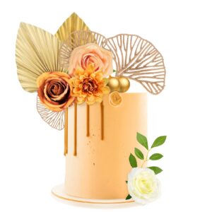 flower cake toppers boho cake decorations happy birthday cake toppers with artificial rose gold palm leaves ginkgo leaves and balls for mother's day birthday party wedding baby shower