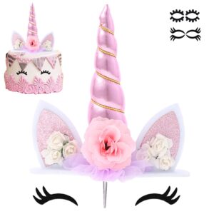 unicorn cake topper unicorn birthday party supplies unicorn cake decoration pink unicorn horn cake topper unicorn birthday decorations for girls first birthday cake topper with eyelashes, 5.8 inch