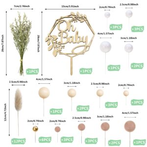 47 PCS Wood Oh Baby Cake Topper Boho Cake Toppers Balls Baby Shower Decorations for Newborn Birthday Wedding Gender Reveal