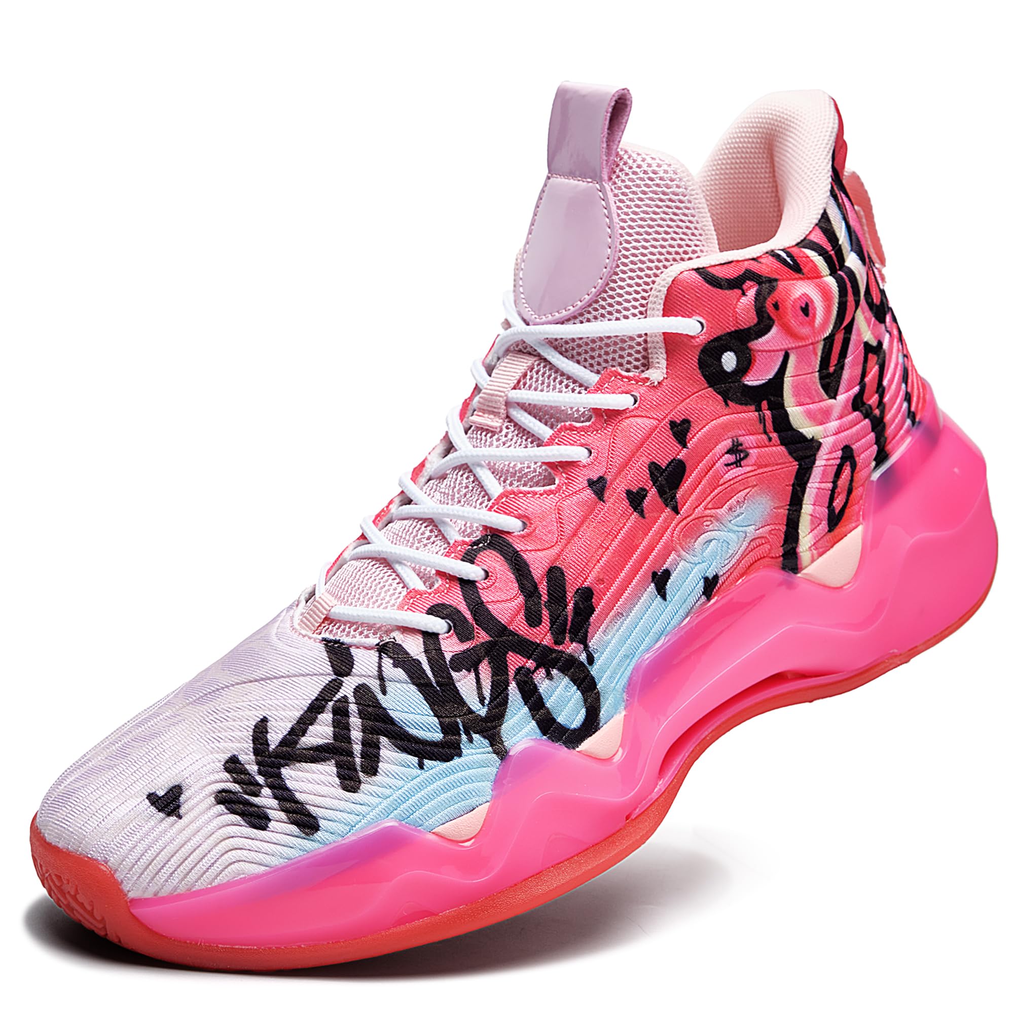 Promenie Men's High-Top Basketball Shoes Graffiti-Inspired Athletic Footwear with Superior Support Anti-Slip Design Outstanding Durability Pink Size 8.5