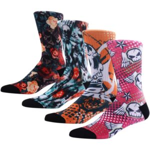 novelty crazy skull socks for men, meikan wild weird fun colorful skeleton patterned fancy socks ,4 pairs color 9,one size