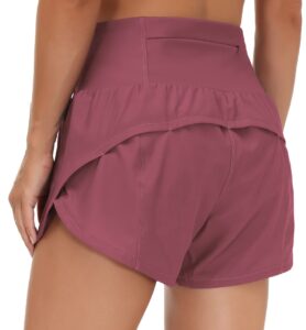 the gym people womens high waisted running shorts quick dry athletic workout shorts with mesh liner zipper pockets (rose red, x-small)