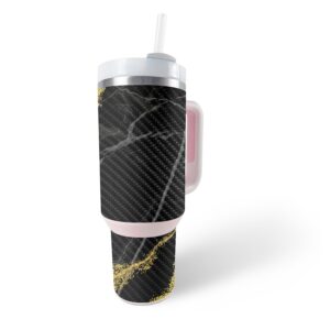 mightyskins carbon fiber skin compatible with stanley the quencher h2.0 flowstate 40 oz tumbler - black marble glitter | protective, durable textured carbon fiber finish | easy to apply