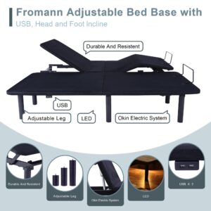 Fromann Electric Adjustable Split King Bed Base Frame with USB Ports,Zero Gravity, Under Bed Led Lighting,Three Leg Heights (Split King)