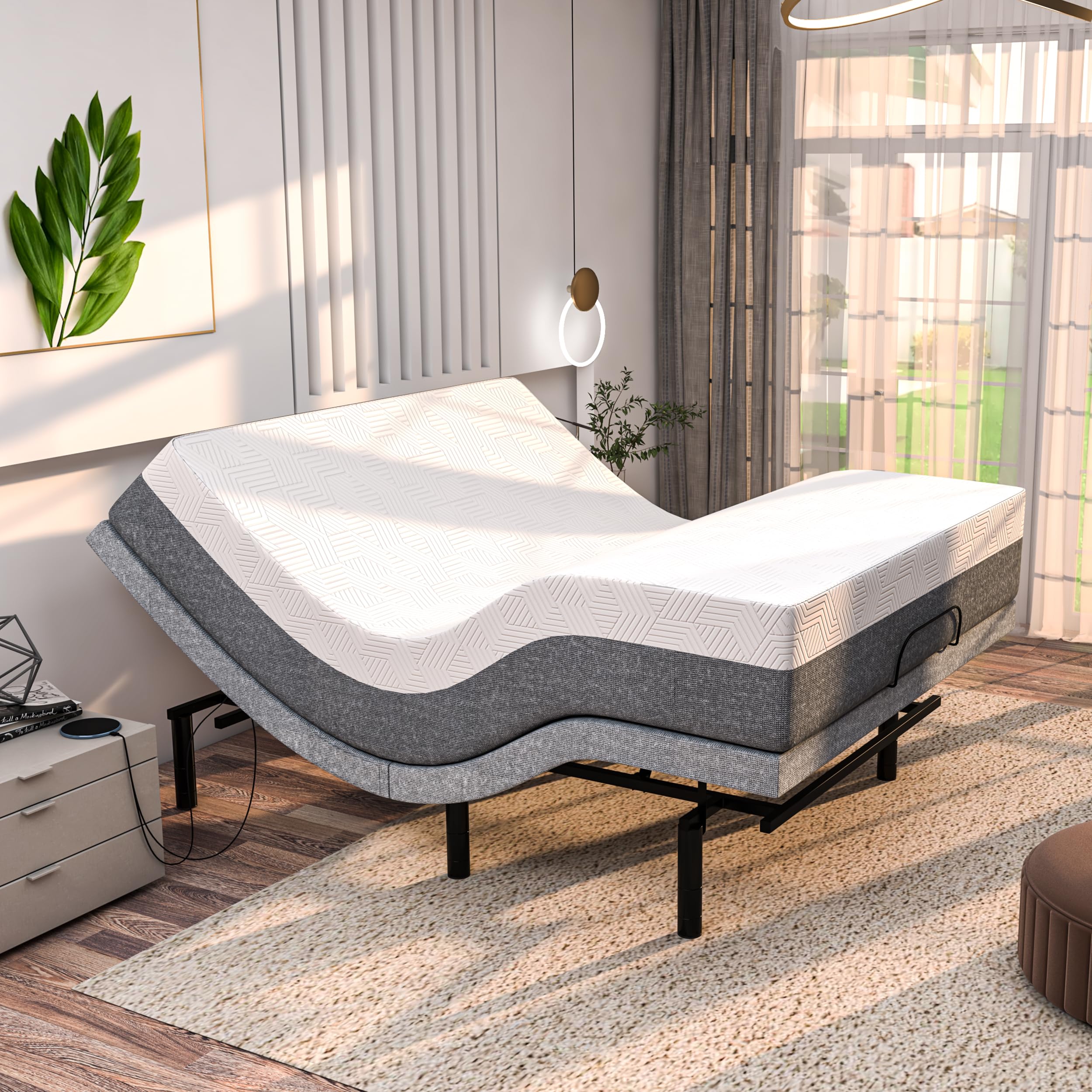 Renanim SFE Adjustable Bed with Mattress & Massage, Queen Adjustable Bed Frame + Medium Mattress - Cooling Gel Memory Foam Mattress, USB, Under Bed Light, Wireless Remote