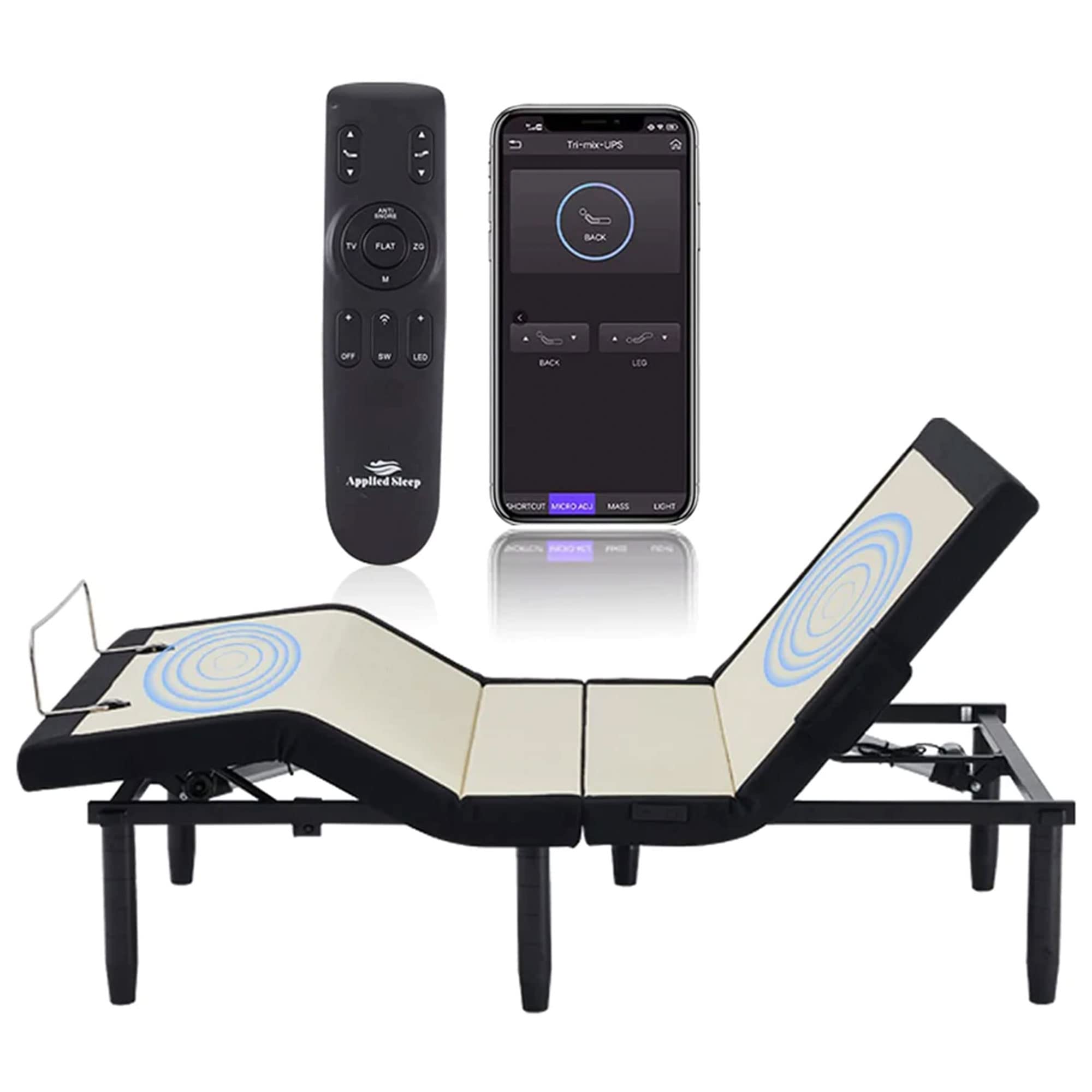 Applied Sleep Twin XL Adjustable Bed Frame, Adjustable Base with Back&Leg Massage/Wireless Remote&Bluetooth APP/Under Lighting/USB Ports/Back&Foot Incline/Anti Snore/Easy Assembly