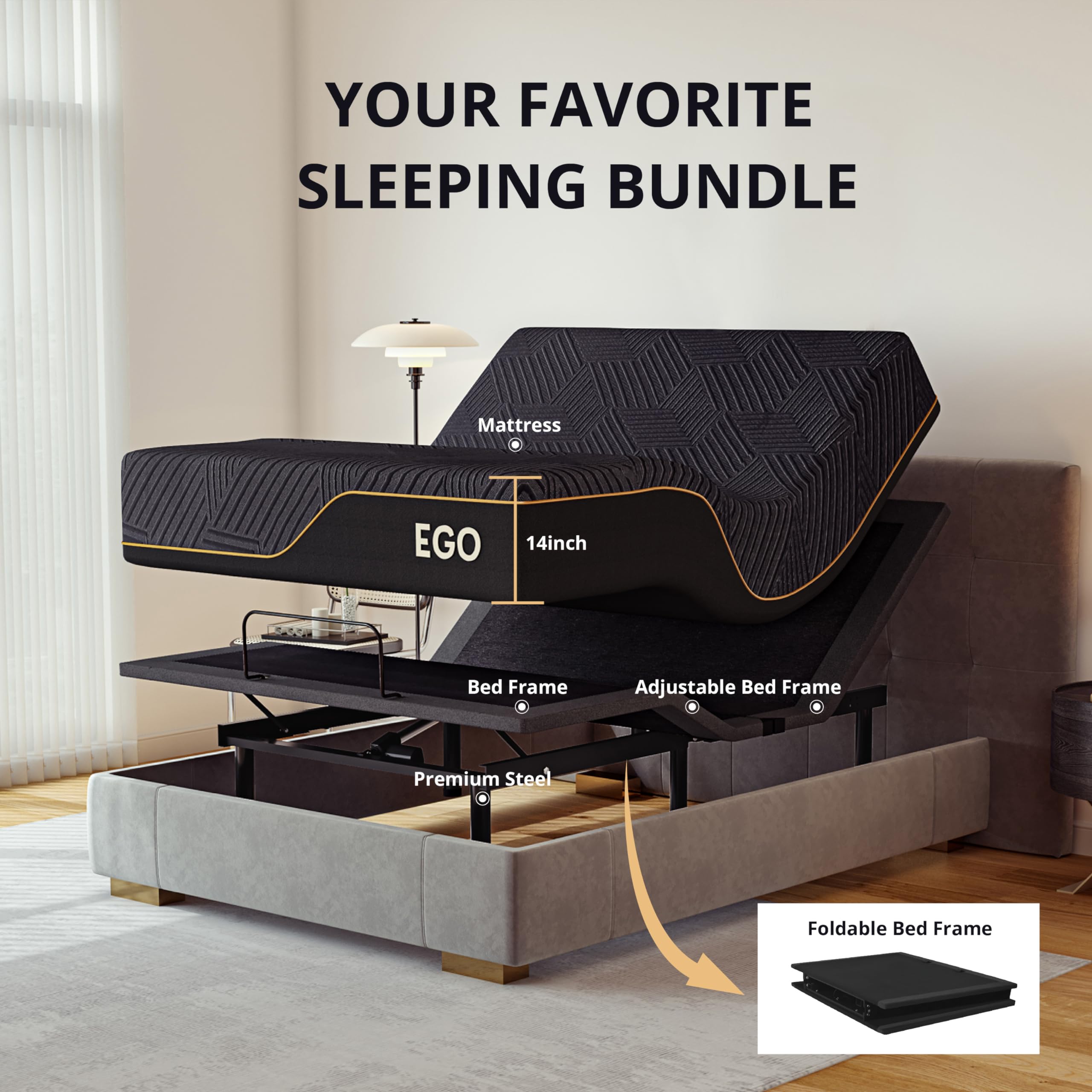 EGOHOME Split King Adjustable Bed Frame with Wireless Remote for Independent Head and Foot Incline, Metal Foldable Electric Bed Base for Zero Gravity, Anti-Snore, Easy Assembly, Double Twin XL